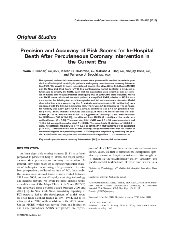 (PDF) Evaluating PCI Risk Scores for In-Hospital Mortality