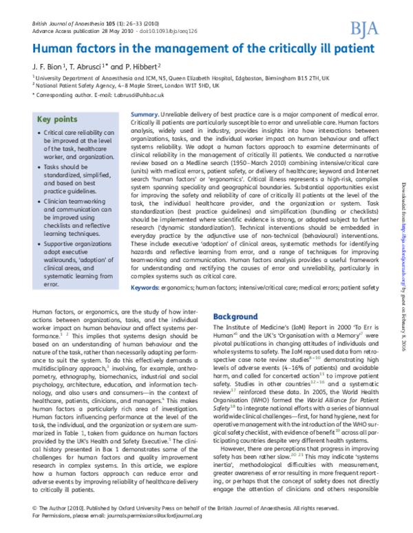 (PDF) Human factors in the management of the critically ill patient