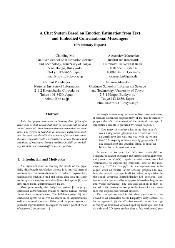 (PDF) A Chat System Based on Emotion Estimation from Text and Embodied ...