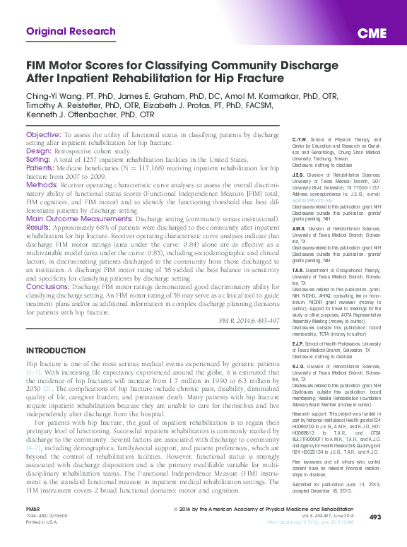 (PDF) FIM Motor Scores for Classifying Community Discharge After ...