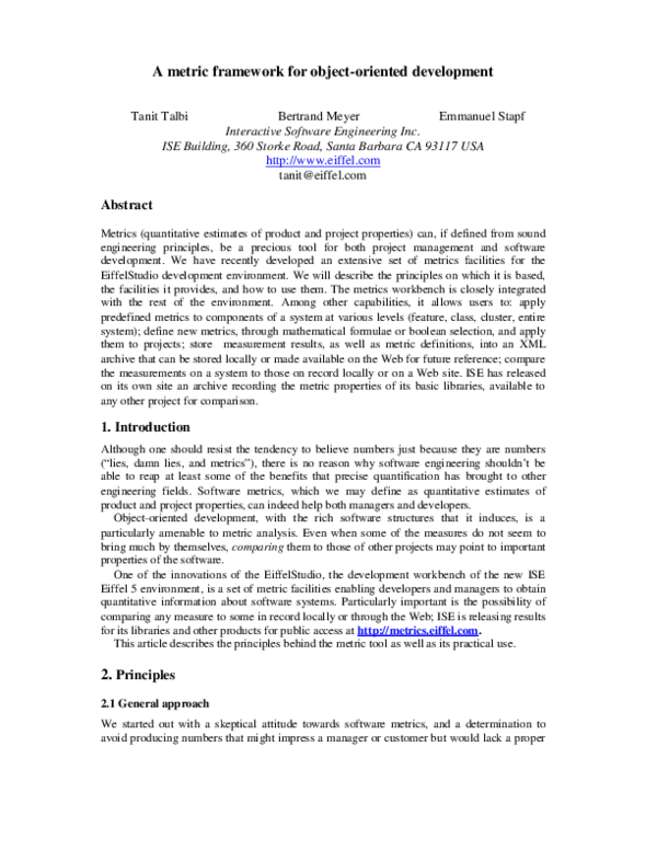 (PDF) A metric framework for object-oriented development