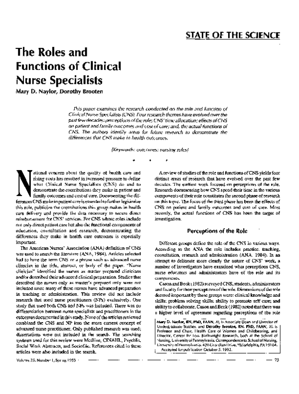 (PDF) The Roles and Functions of Clinical Nurse Specialists