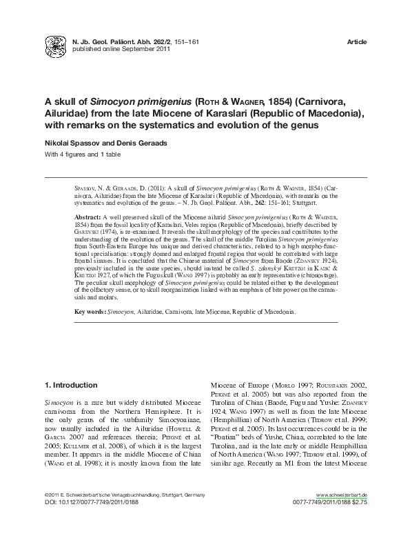 (PDF) A skull of Simocyon primigenius (Roth Wagner, 1854)(Carnivora ...