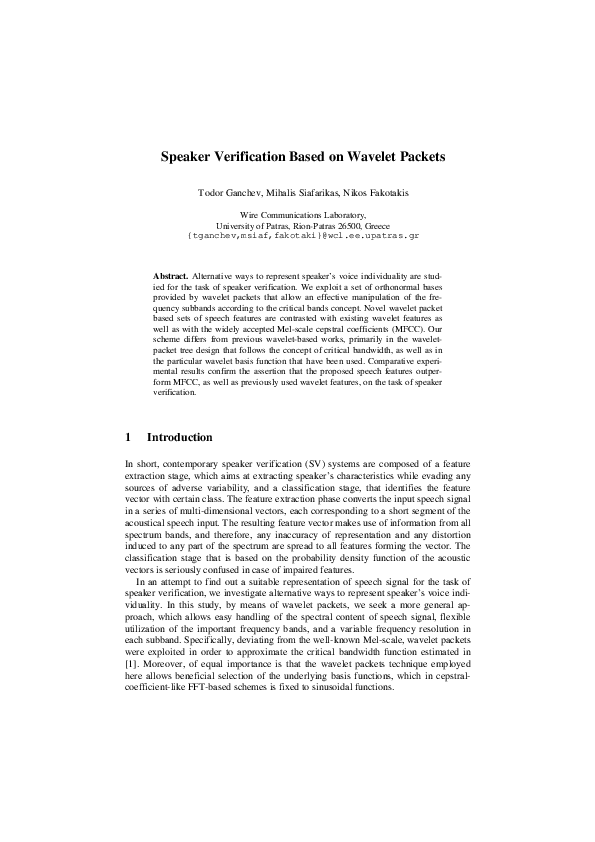 (PDF) Speaker Verification Based on Wavelet Packets