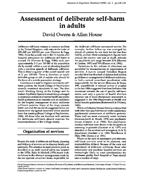(PDF) Assessment of Deliberate Self-harm in Adults
