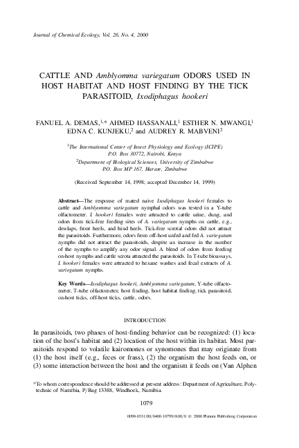 (PDF) Cattle and Amblyomma variegatum odors used in host habitat and ...