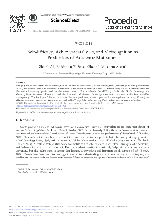 (PDF) Self-Efficacy, Achievement Goals, and Metacognition as Predicators of Academic Motivation