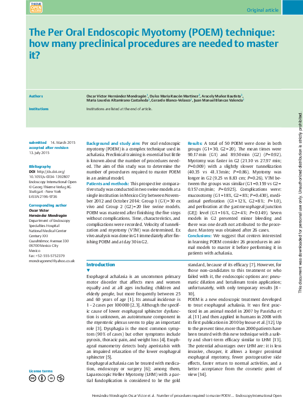 (PDF) The Per Oral Endoscopic Myotomy (POEM) technique: how many ...