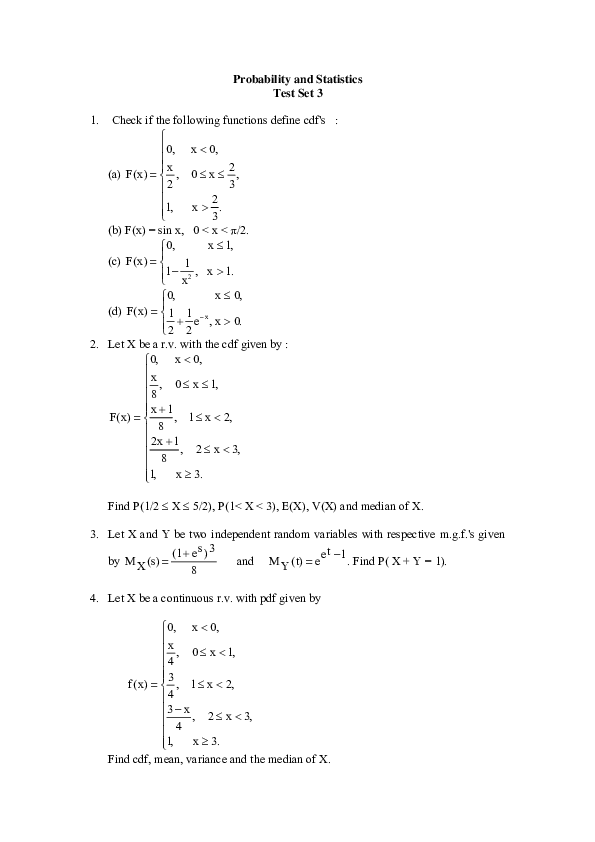 (PDF) Probability and Statistics Test Set 3