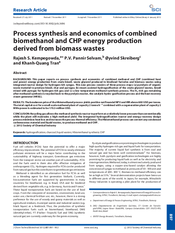 (PDF) Process synthesis and economics of combined biomethanol and CHP ...
