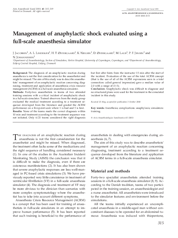 (PDF) Management of anaphylactic shock evaluated using a full-scale ...