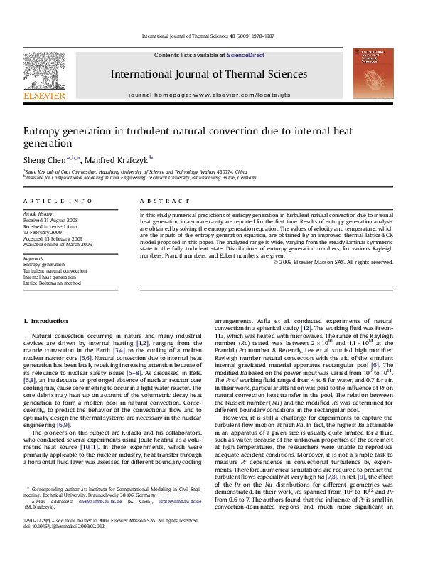 Pdf Entropy Generation In Turbulent Natural Convection Due To