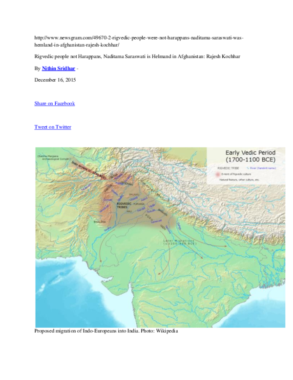 (PDF) Rigvedic people not Harappans, Naditama Saraswati is Helmand in Afghanistan: Rajesh Kochhar