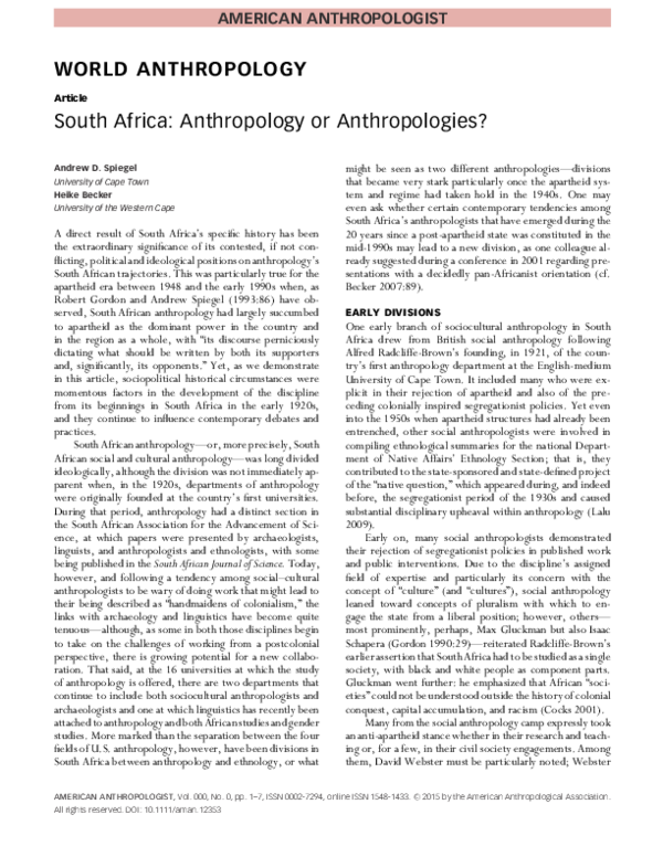 (PDF) South Africa: Anthropology or Anthropologies