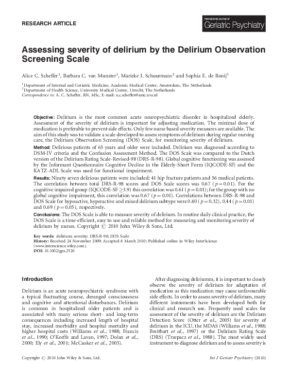 (PDF) Assessing severity of delirium by the delirium observation ...