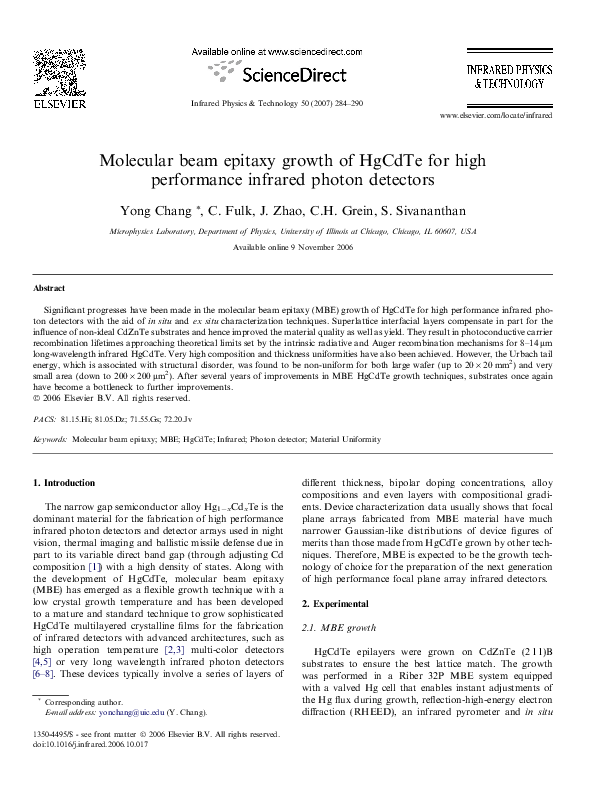 (PDF) Molecular beam epitaxy growth of HgCdTe for high performance infrared photon detectors