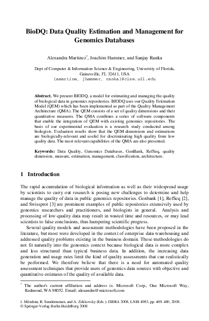 (PDF) BioDQ: Data Quality Estimation and Management for Genomics Databases