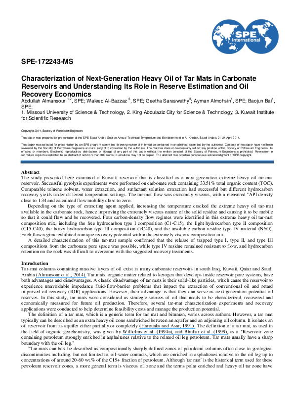 (PDF) Characterization of Next-Generation Heavy Oil of Tar Mats in ...