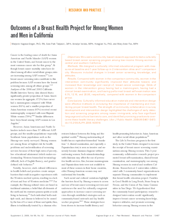 (PDF) Outcomes of a Breast Health Project for Hmong Women and Men in ...