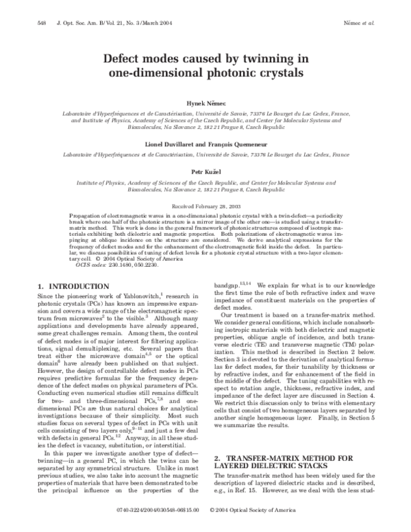 (PDF) Defect modes caused by twinning in one-dimensional photonic crystals