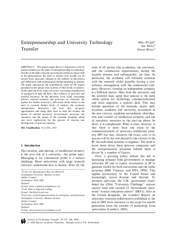 (PDF) Entrepreneurship and University Technology Transfer