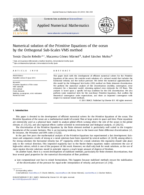 (PDF) Numerical solution of the Primitive Equations of the ocean by the ...