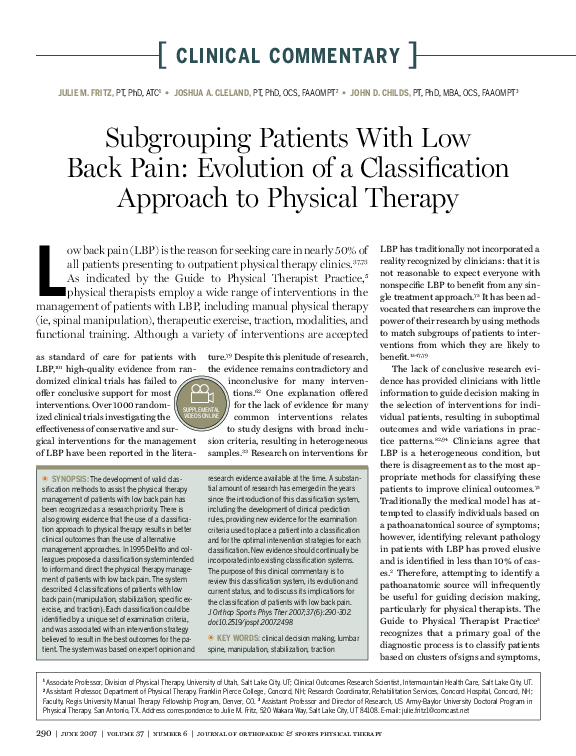 (PDF) Subgrouping Patients With Low Back Pain: Evolution of a ...
