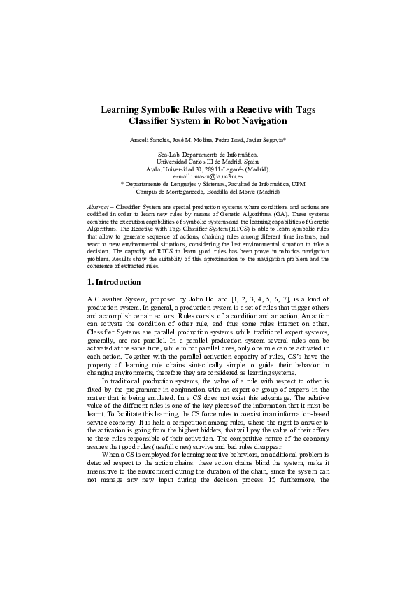 (PDF) Learning symbolic rules with a reactive with tags classifier system in robot navigation