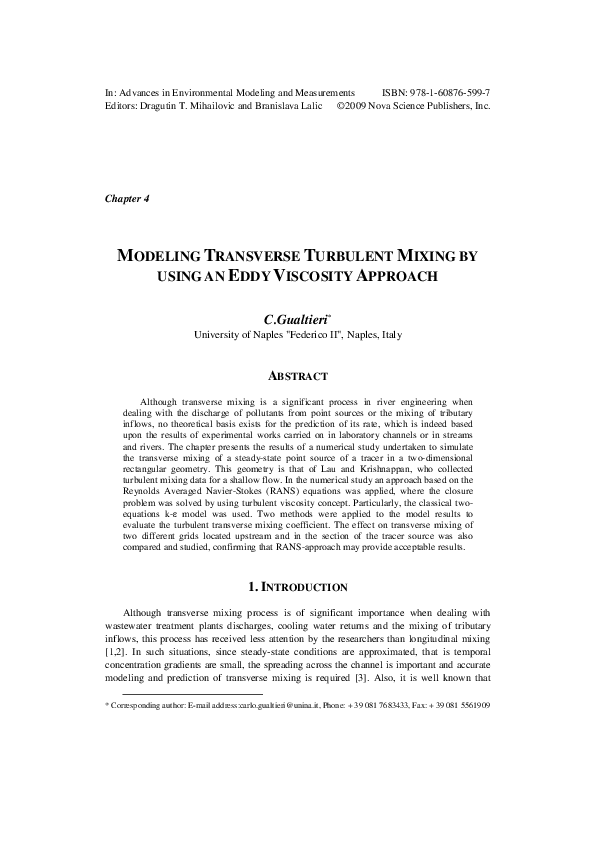 (PDF) Modelling transverse turbulent mixing in a shallow flow by using an eddy viscosity approach