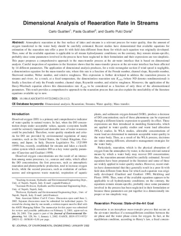 (PDF) Dimensional Analysis of Reaeration Rate in Streams