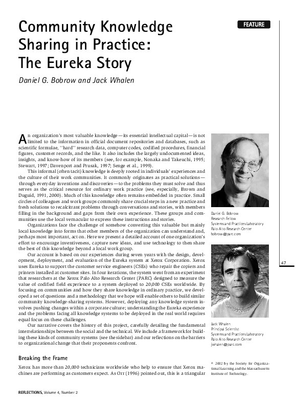 (PDF) The Eureka Story: community knowledge sharing in practice
