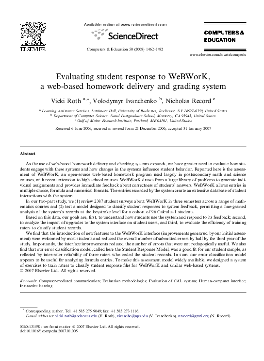(PDF) Evaluating student response to WeBWorK, a web-based homework delivery and grading system