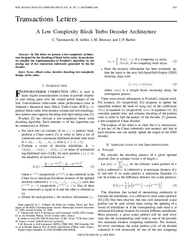 A Low Complexity Block Turbo Decoder Architecture Transactions Letters