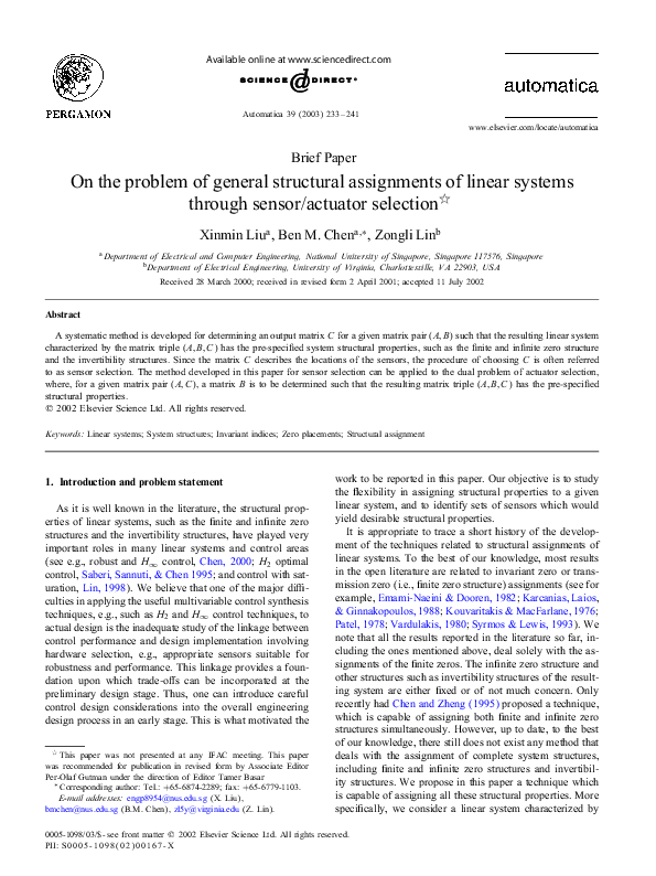 (PDF) On the problem of general structural assignments of linear systems through sensor/actuator ...
