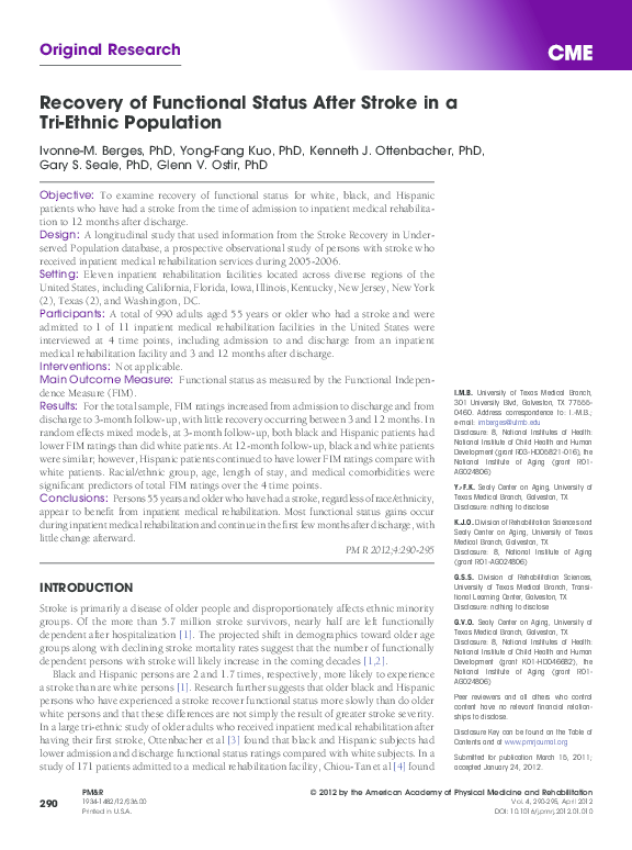 (PDF) Recovery of Functional Status After Stroke in a Tri-Ethnic Population