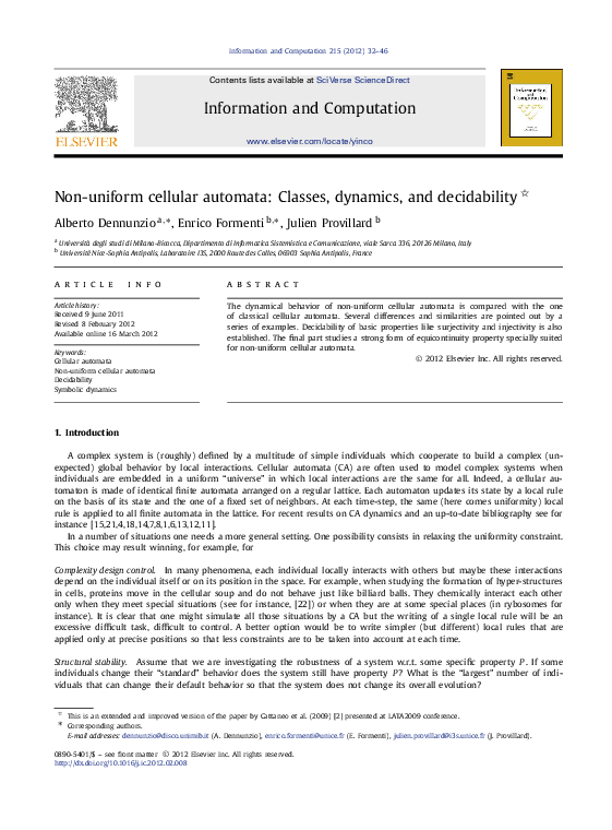 (PDF) Non-uniform cellular automata: Classes, dynamics, and decidability