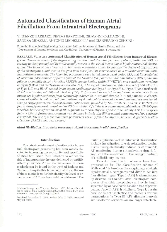 Pdf Automated Classification Of Human Atrial Fibrillation From Intraatrial Electrograms