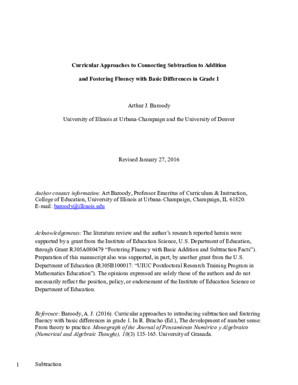 (DOC) Curricular Approaches to Connecting Subtraction to Addition and Fostering Fluency with ...