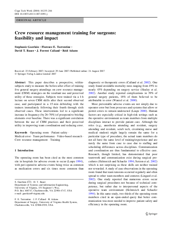 (PDF) Crew resource management training for surgeons: feasibility and ...