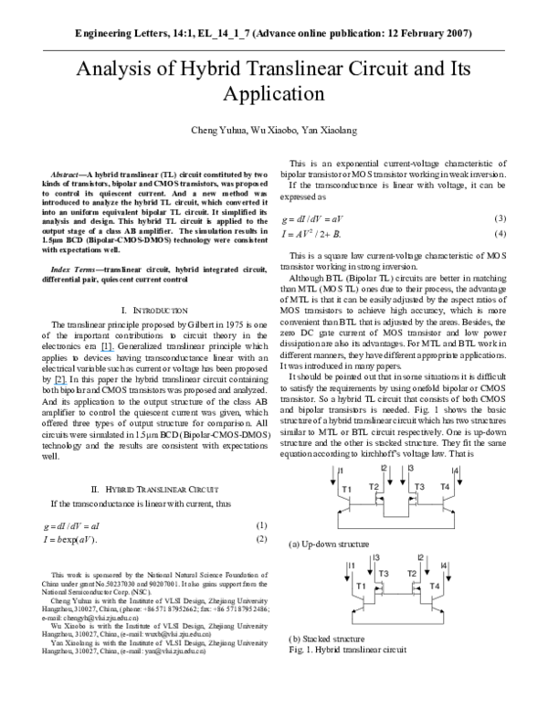 (PDF) Analysis of Hybrid Translinear Circuit and Its Application