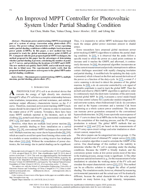 Pdf An Improved Mppt Controller For Photovoltaic System Under Partial