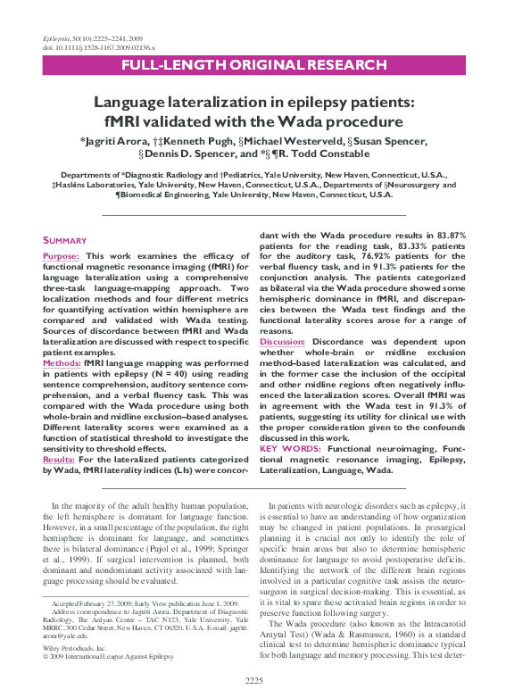 (PDF) Language lateralization in epilepsy patients: fMRI validated with the Wada procedure