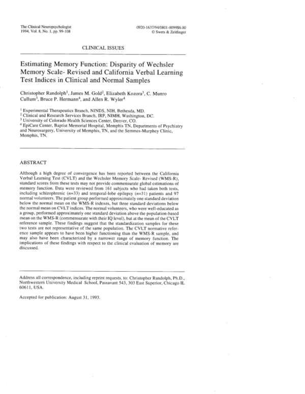 Pdf Estimating Memory Function Disparity Of Wechsler Memory Scale Revised And California