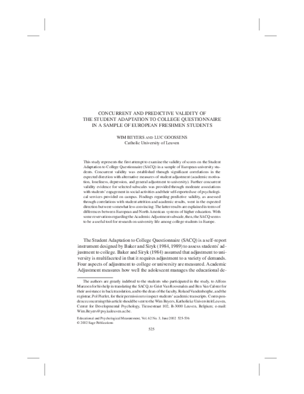 (PDF) Concurrent and Predictive Validity of the Student Adaptation to ...