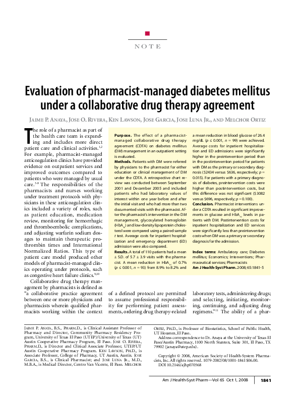 (PDF) Evaluation of pharmacist-managed diabetes mellitus under a ...