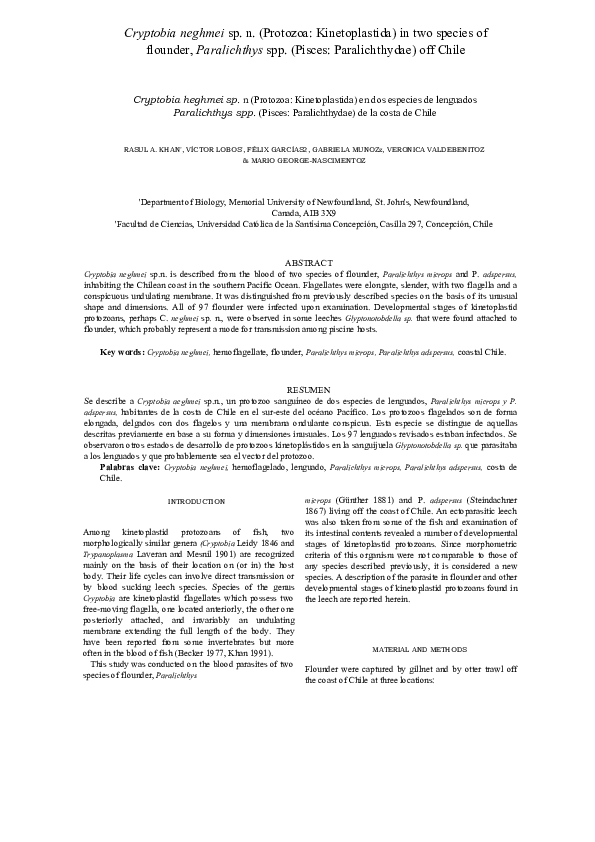(PDF) Cryptobia neghmei sp. n. (Protozoa: Kinetoplastida) in two ...