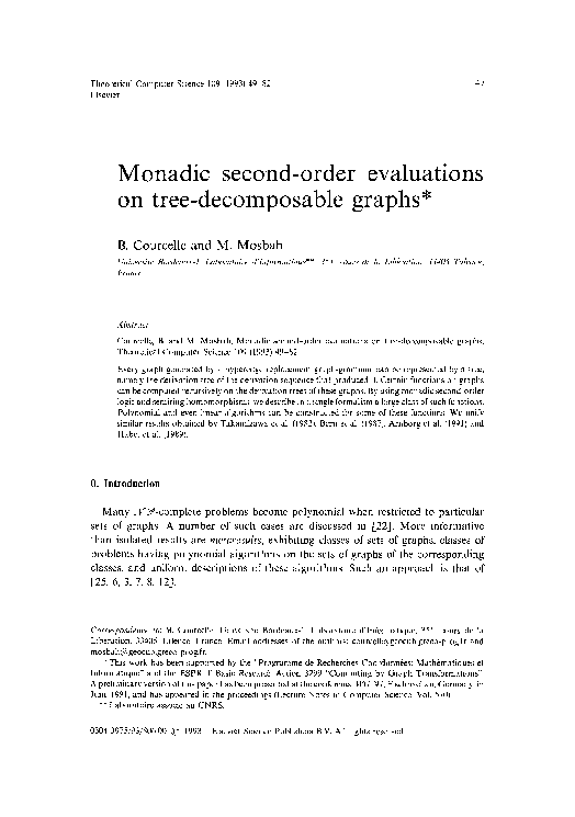 (PDF) Monadic second-order evaluations on tree-decomposable graphs | B. Courcelle and M. Mosbah ...