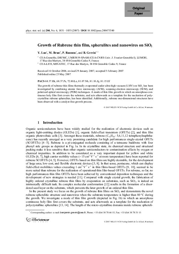 (PDF) Growth of Rubrene thin film, spherulites and nanowires on SiO 2 ...