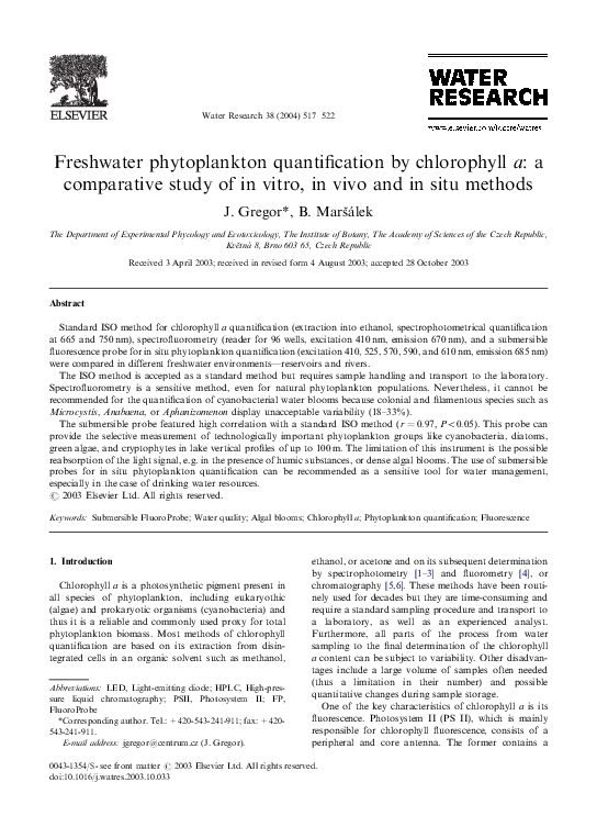 (PDF) Freshwater phytoplankton quantification by chlorophyll a: a comparative study of in vitro ...
