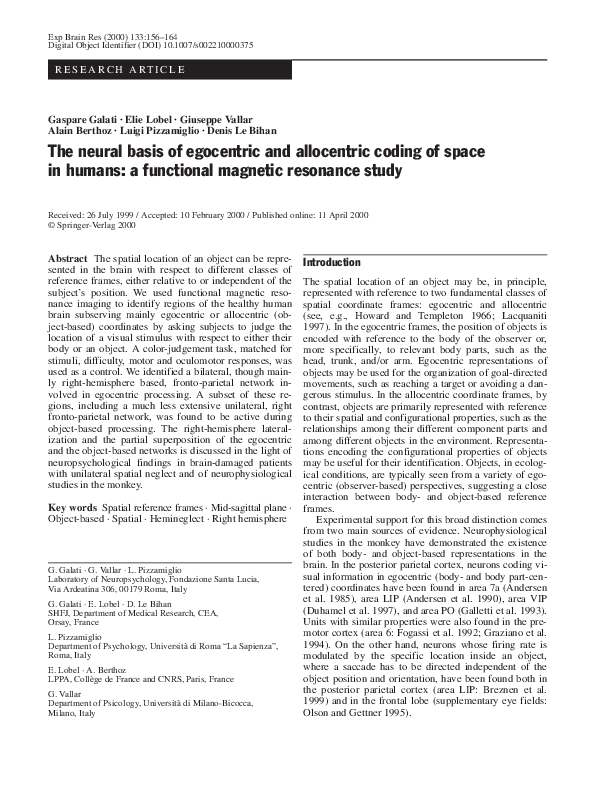 (PDF) The neural basis of egocentric and allocentric coding of space in humans: a functional ...
